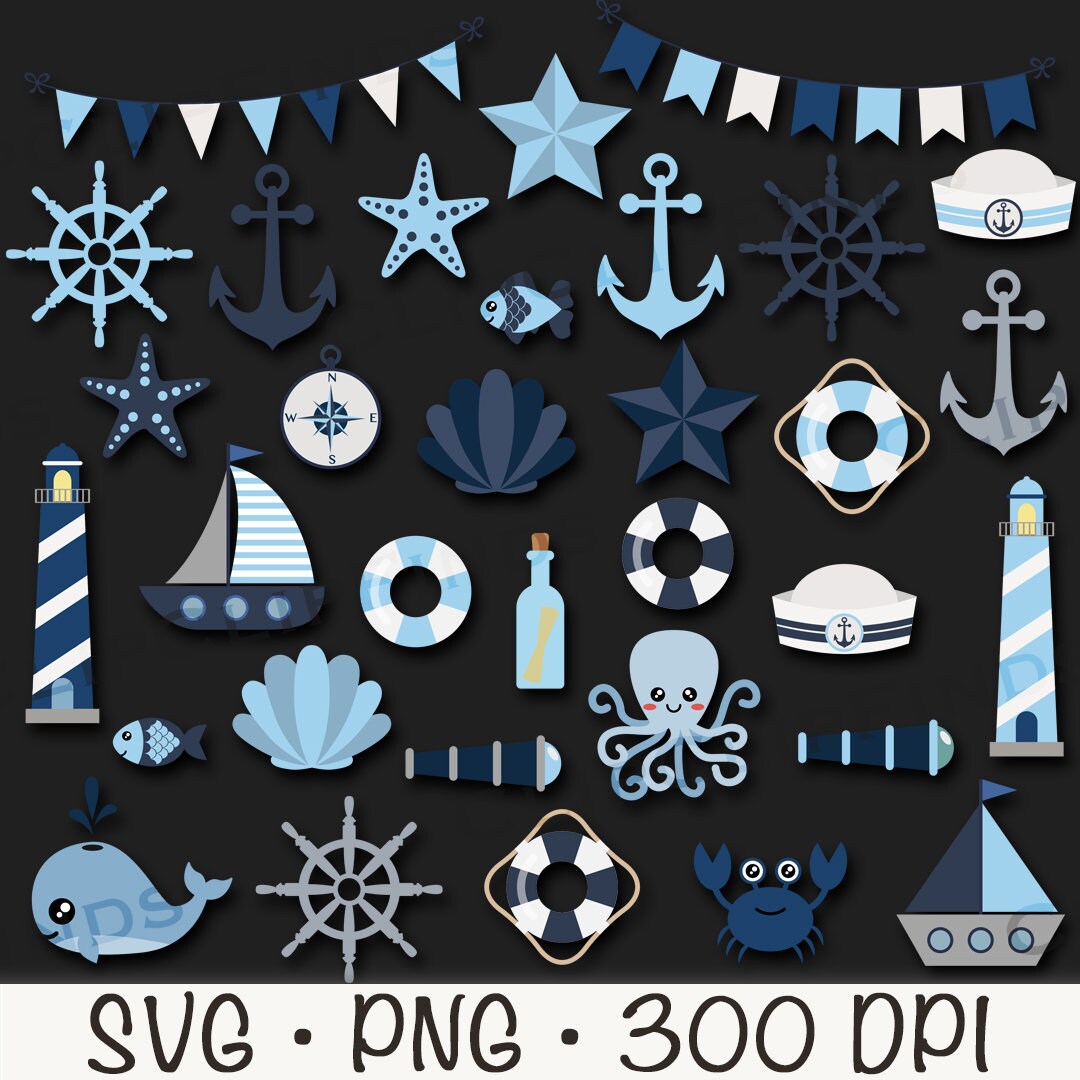 Blue Nautical Clipart Pack, Ocean Clipart SVG, Nautical PNG, Lighthouse ...