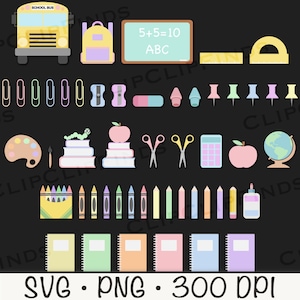Pastel School Clipart, School Supplies SVG, Cute School Graphics PNG ...