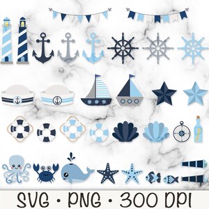 Blue Nautical Clipart Pack, Ocean Clipart SVG, Nautical PNG, Lighthouse ...