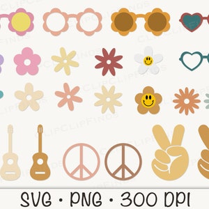 Hippie Bundle Clip Art, Groovy, Daisy Flowers, Peace, Guitar, SVG, PNG ...