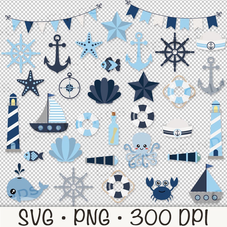 Blue Nautical Clipart Pack, Ocean Clipart SVG, Nautical PNG, Lighthouse ...