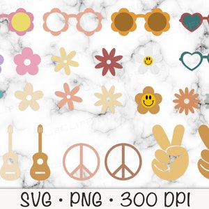 Hippie Bundle Clip Art, Groovy, Daisy Flowers, Peace, Guitar, SVG, PNG ...