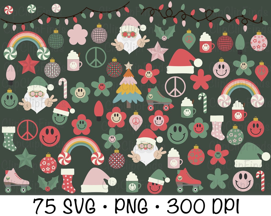 Groovy Christmas Clipart Hippie Santa Peace Sign Retro - Etsy