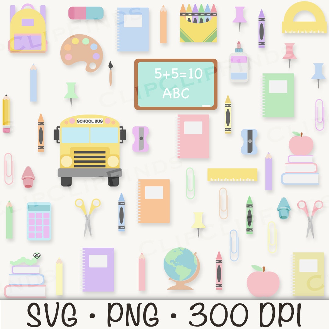 Pastel School Clipart, School Supplies SVG, Cute School Graphics PNG ...
