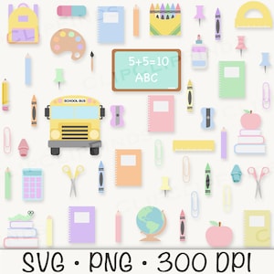 Pastel School Clipart, School Supplies SVG, Cute School Graphics PNG ...