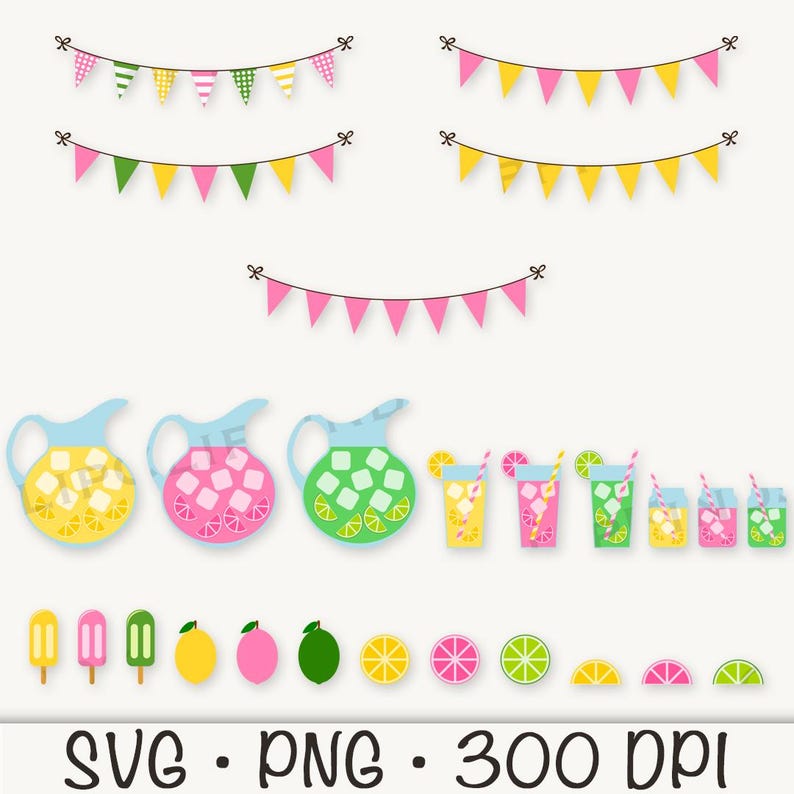 Lemonade Clipart: Summer Drinks, Bunting Garland (PNG, SVG) - Etsy