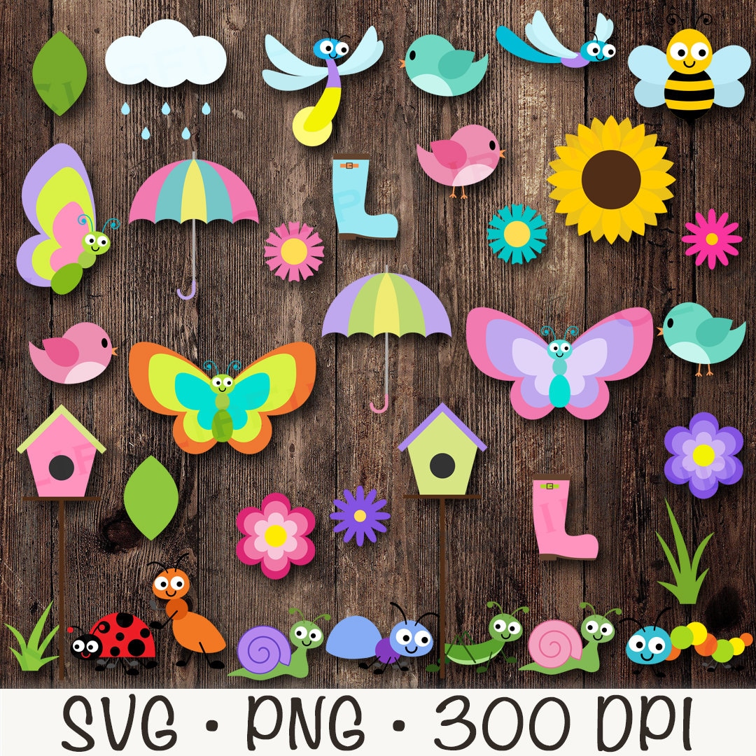 Cute Spring Animals Clipart, Spring SVG, Rain Boots, Sunflower, Bee ...