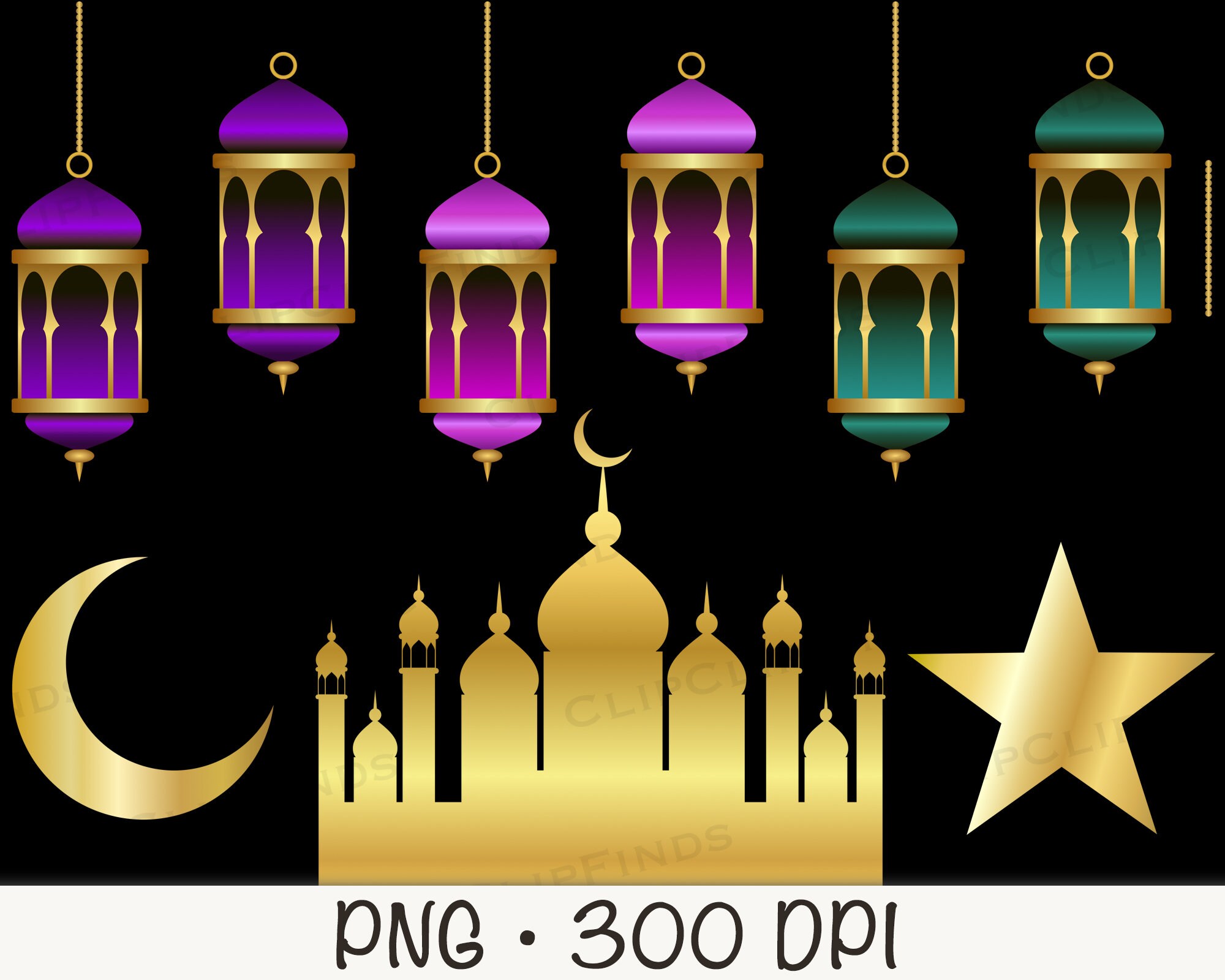 Ramadan Clipart, Mosque, Islamic Lanterns, Crescent Moon and Star ...