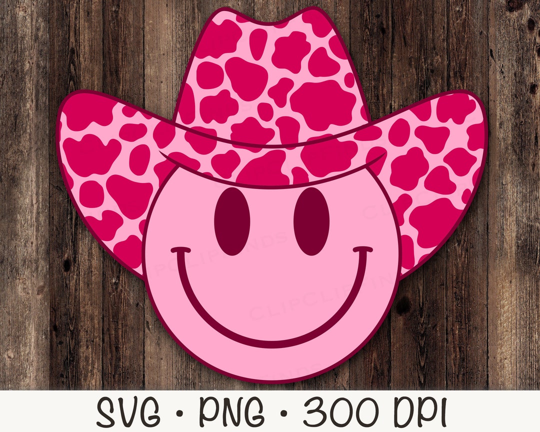 Cowboy Happy Face, Cow Print Cowboy Hat, Rodeo Happy Face, Pink Happy ...