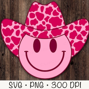 Cowboy Happy Face, Cow Print Cowboy Hat, Rodeo Happy Face, Pink Happy ...