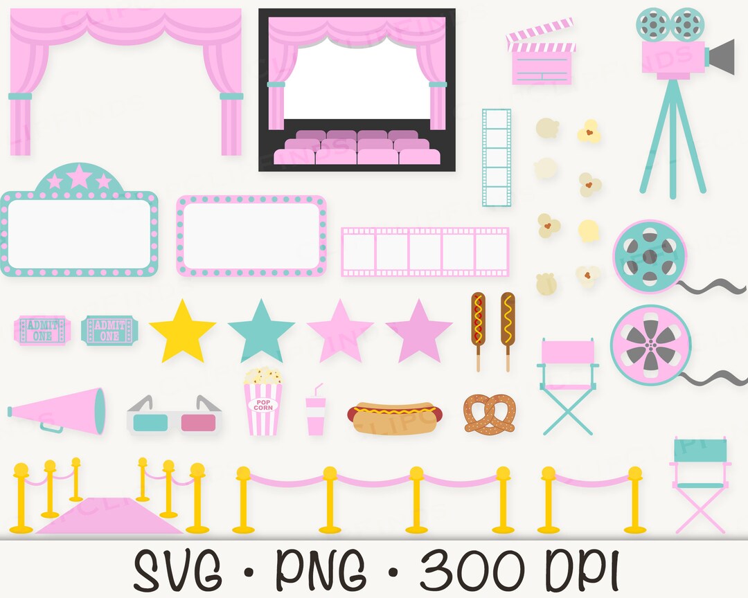 Cinema SVG, Movie Theme Bundle Clipart, Pink Carpet Awards, Pink ...