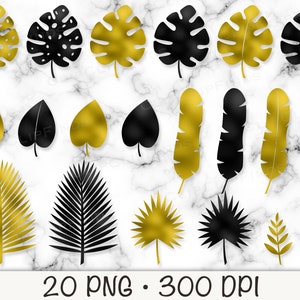 Tropical Leaves Clipart, Bright Gold and Black Gold Metallic Tropical ...
