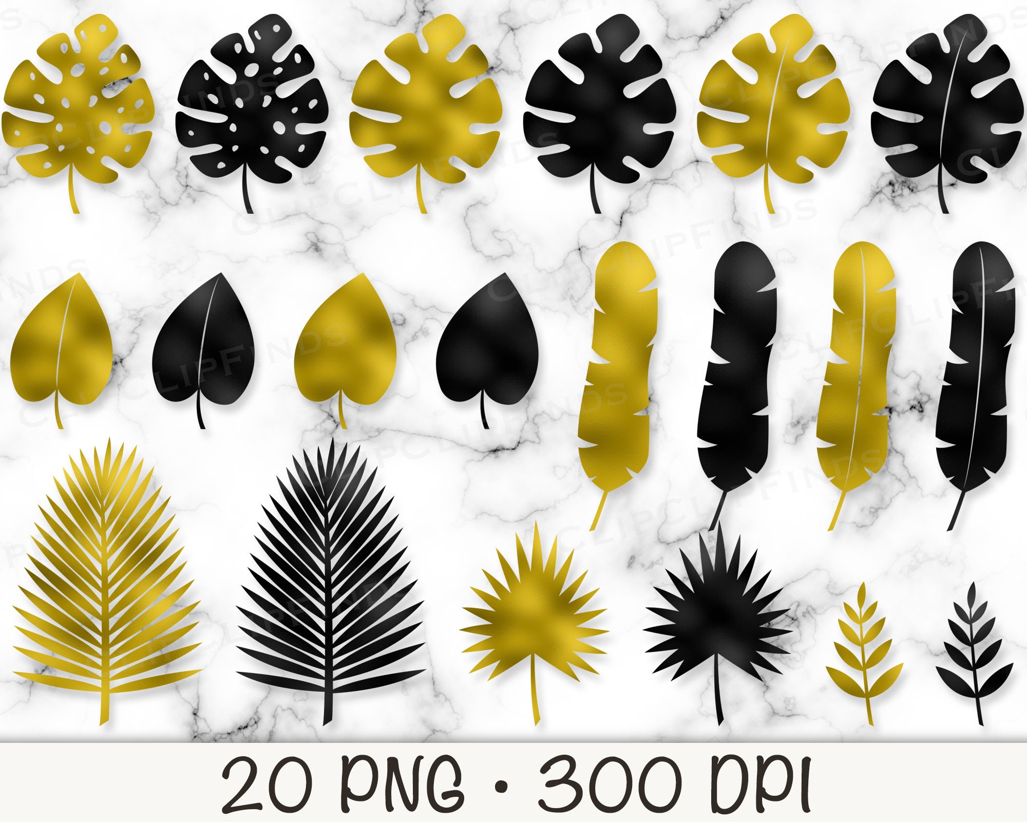 Tropical Leaves Clipart, Bright Gold and Black Gold Metallic Tropical ...