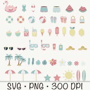 Summer Clipart, Cute Summer Clipart PNG Bundle, Minimalist, Surfboard ...
