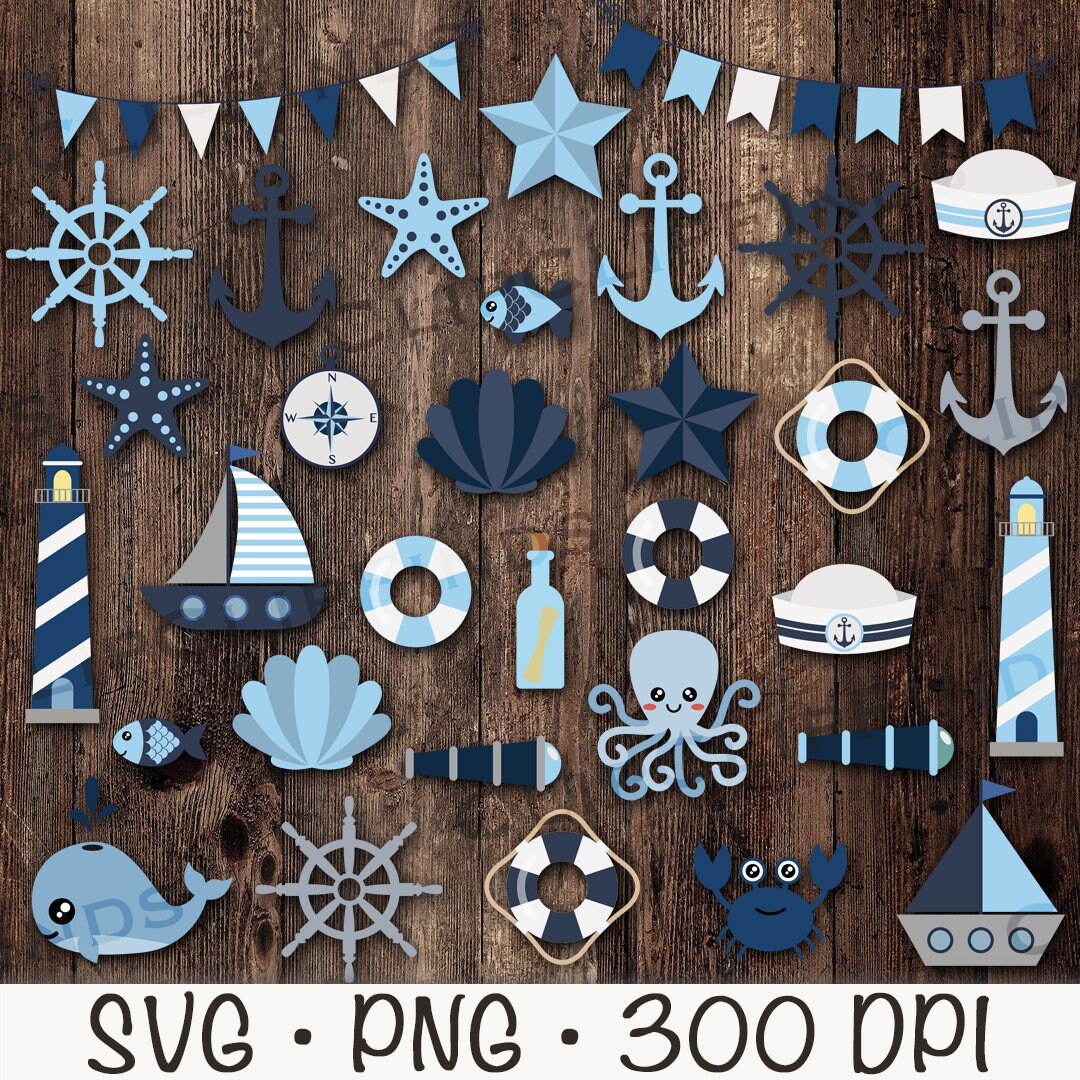 Blue Nautical Clipart Pack, Ocean Clipart SVG, Nautical PNG, Lighthouse ...