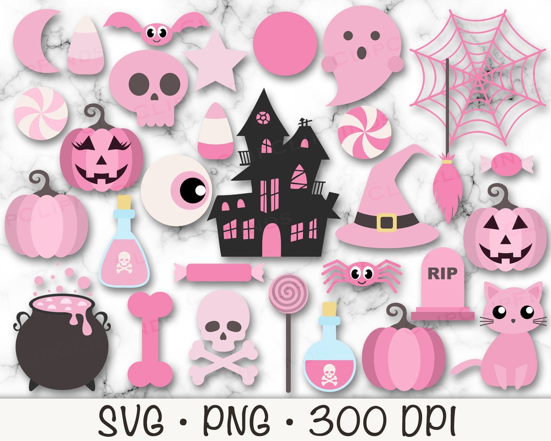 Pink Halloween Clipart, Cute Pink Halloween Clip Art, Cute Girly, SVG ...