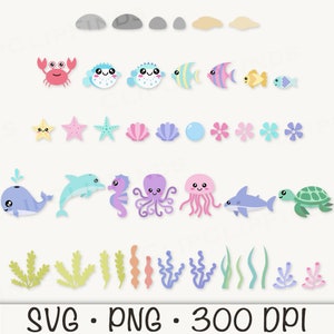 Cute Sea Animals SVG, Kawaii Ocean Sea Animals PNG Clipart, Patel ...
