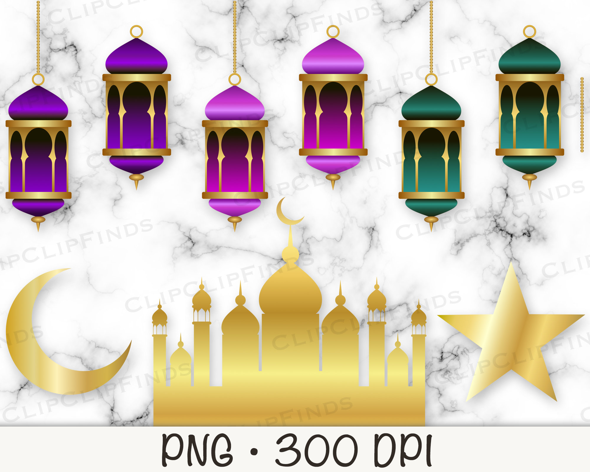 Ramadan Clipart, Mosque, Islamic Lanterns, Crescent Moon and Star ...