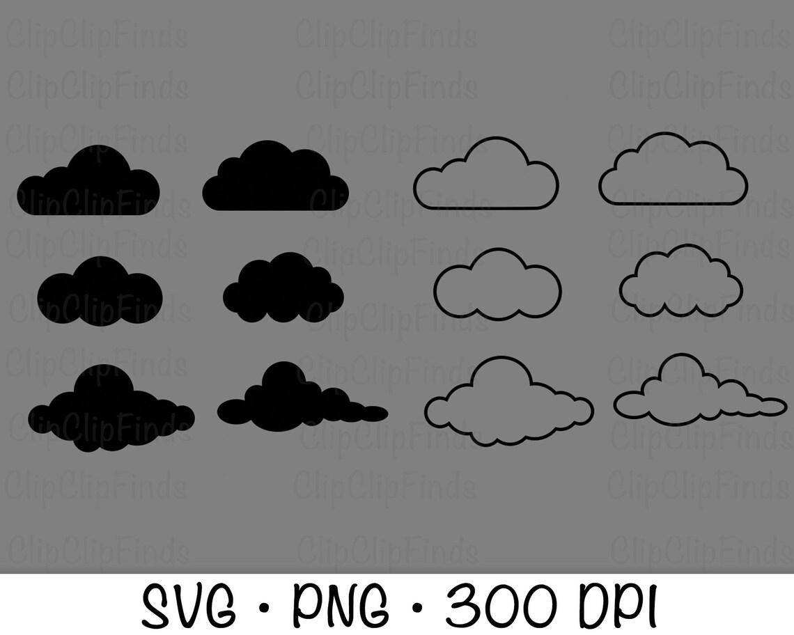 Clouds SVG Set of Clouds Cloud Clipart Solid and Outline - Etsy