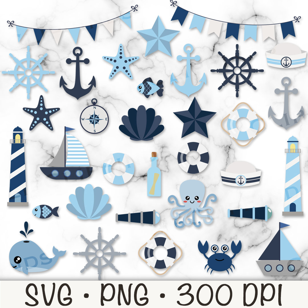 Blue Nautical Clipart Pack, Ocean Clipart SVG, Nautical PNG, Lighthouse ...