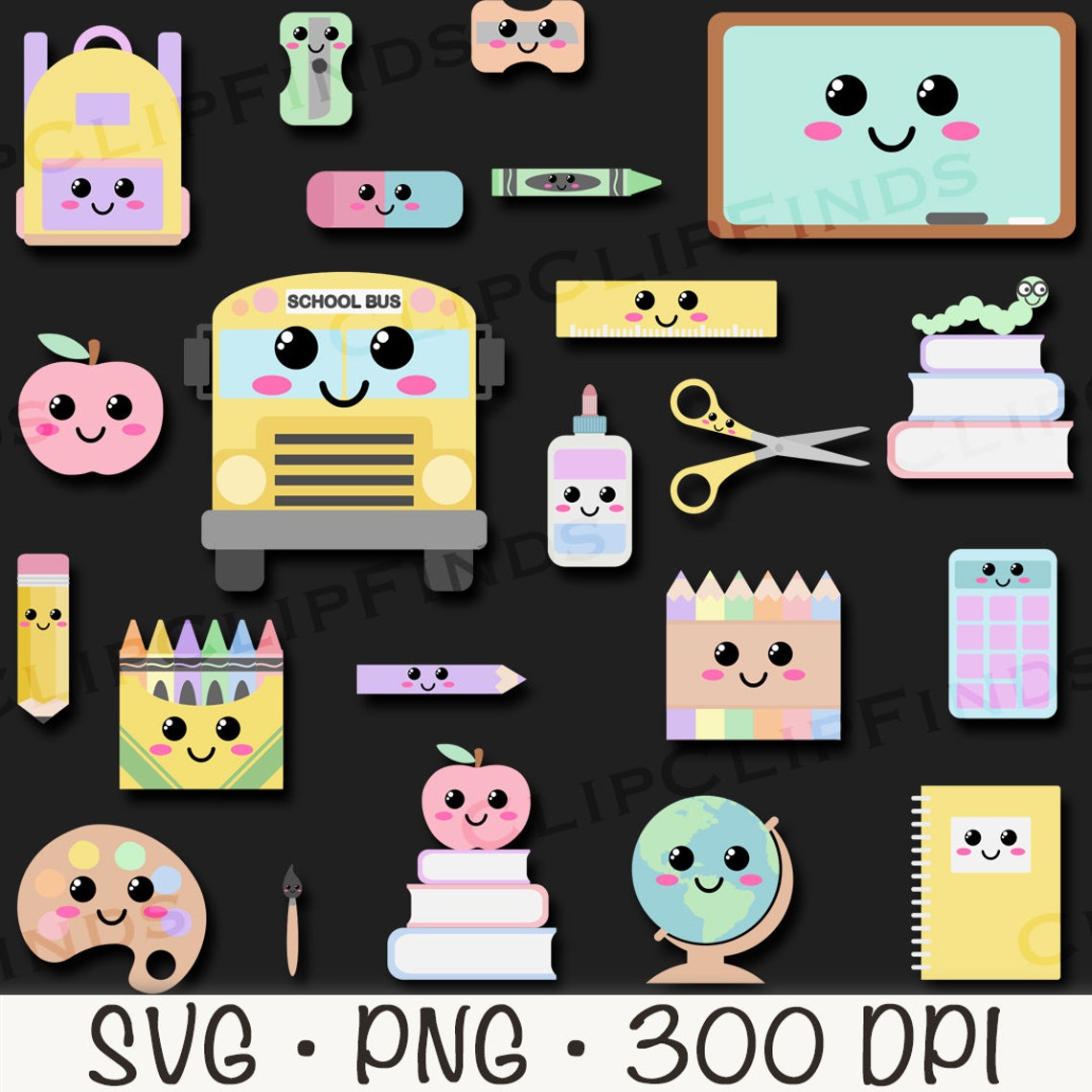 Cute School Supplies Clipart, Pastel Kawaii School Classroom PNG ...