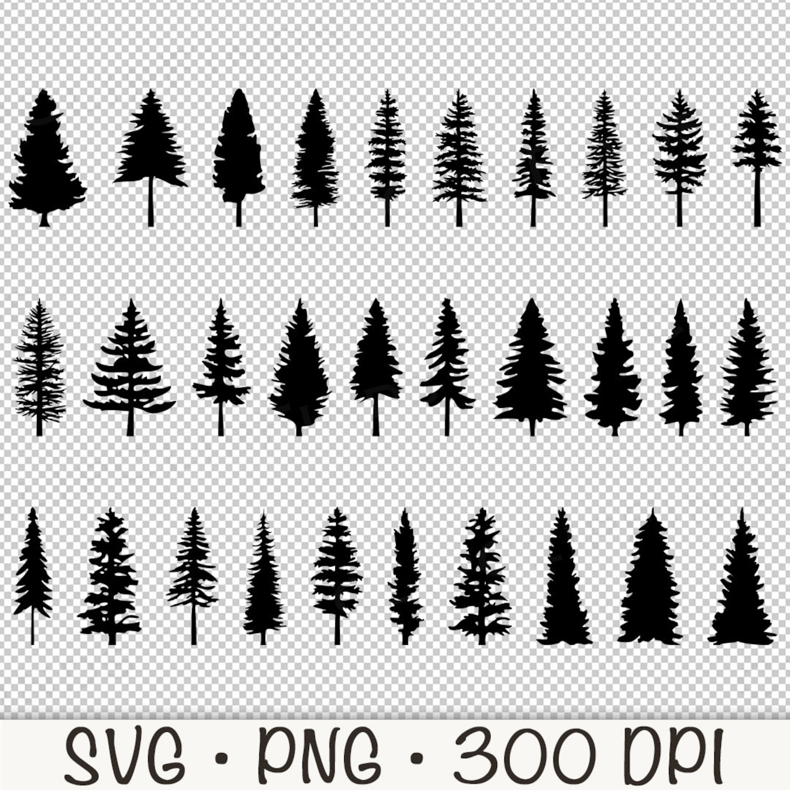 Pine Tree Silhouette SVG Bundle Pack, Evergreen Trees PNG, Instant ...