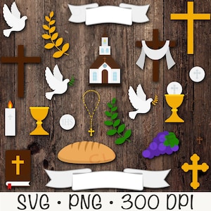 First Communion Bundle, SVG PNG, Church, Chalice, Holy Bread, Bible ...