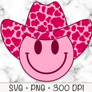 Cowboy Happy Face, Cow Print Cowboy Hat, Rodeo Happy Face, Pink Happy ...