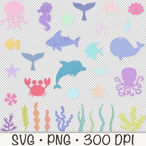 Sea Animals SVG, Sea Animal Shapes PNG, Seaweed, Algae, Dolphin, Whale ...