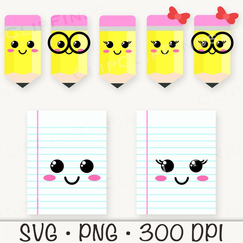 Cute Pencil and Paper SVG, Kawaii Pencil, Kawaii Notebook Paper, Kawaii ...