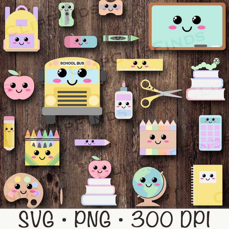 Cute School Supplies Clipart, Pastel Kawaii School Classroom PNG ...