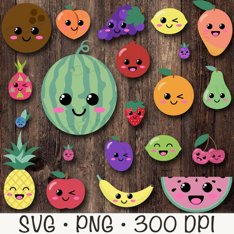Kawaii Obst Clipart, Obst SVG, Obst PNG, süßes Obst Bundle, süße ...