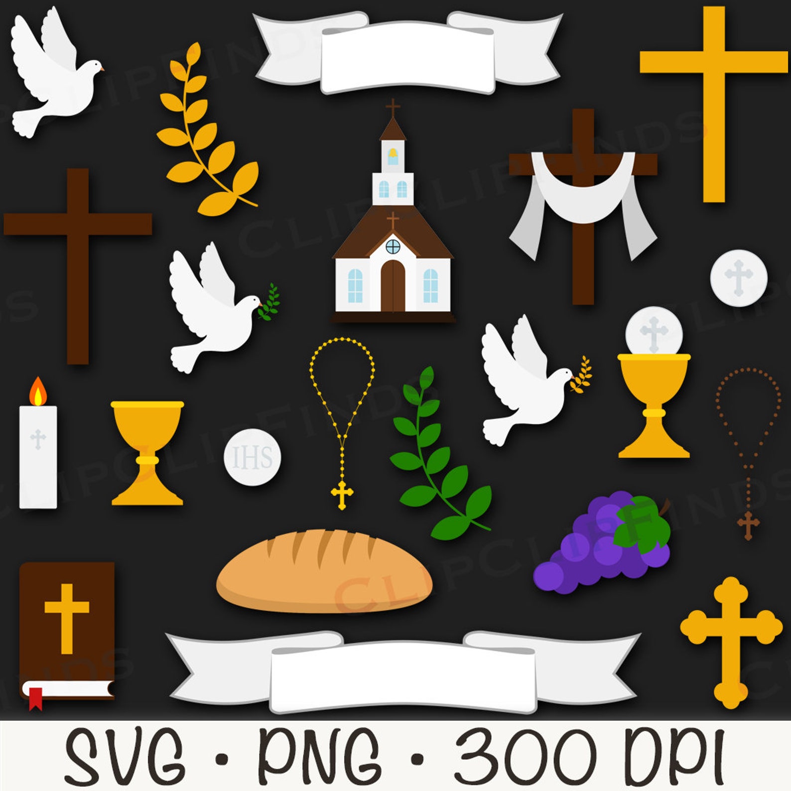 First Communion Bundle, SVG PNG, Church, Chalice, Holy Bread, Bible ...