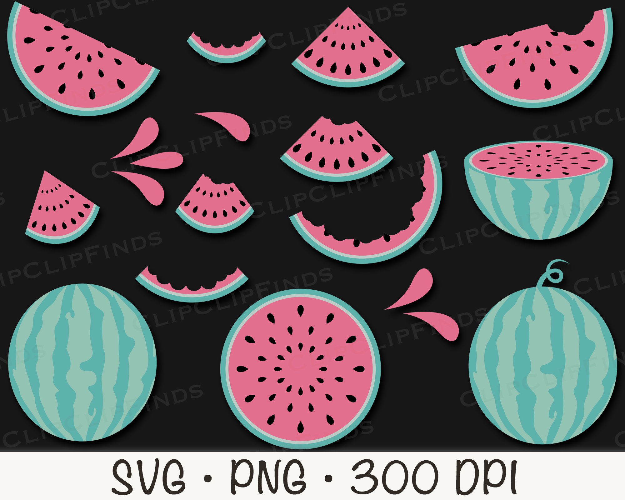 Watermelon Clipart: Juicy Slices & Seeds, Pink PNG SVG (digital ...