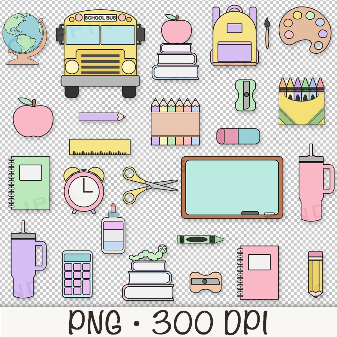 Cute School Supplies Clipart, Pastel School Classroom PNG, Glue ...