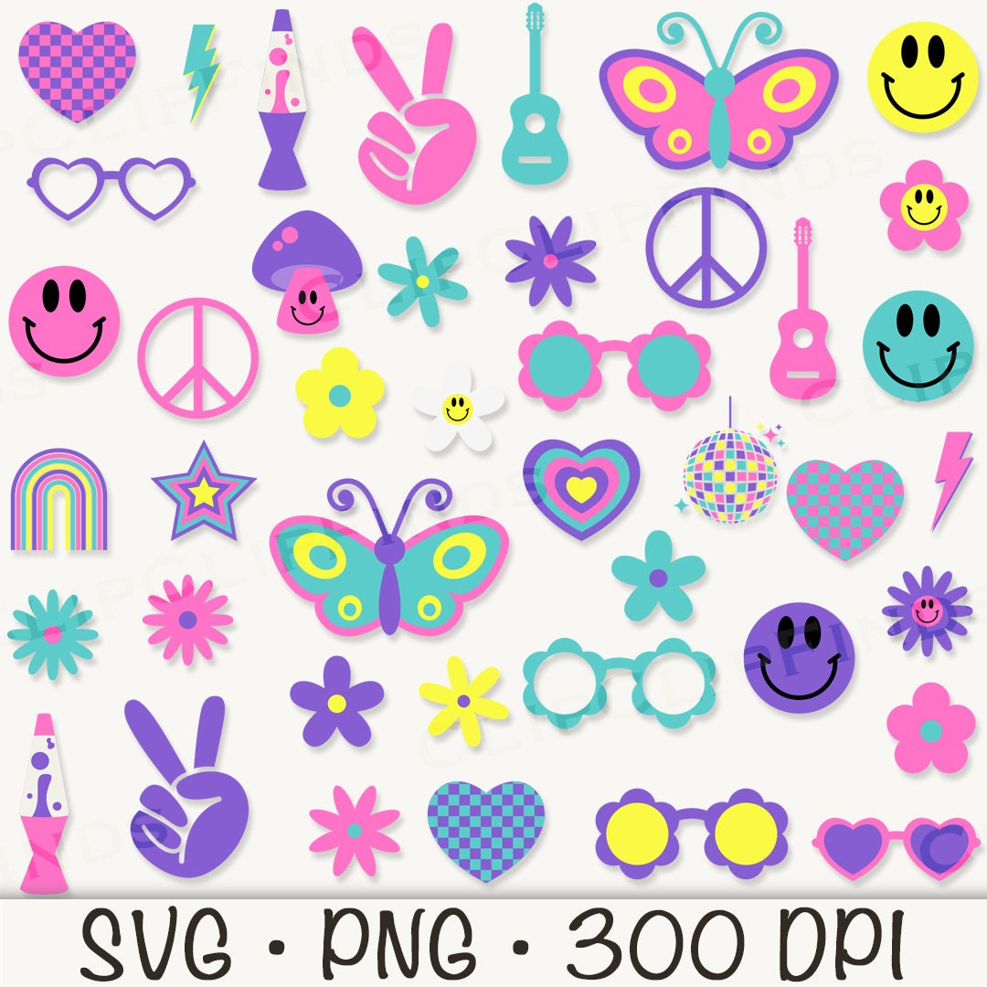 Retro Groovy Clipart, Hippie SVG, Hippie PNG, Flower Power, Happy Face ...