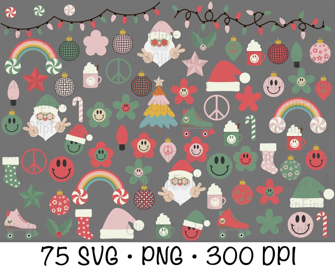 Groovy Christmas Clipart Hippie Santa Peace Sign Retro - Etsy