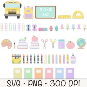 Pastel School Clipart, School Supplies SVG, Cute School Graphics PNG ...