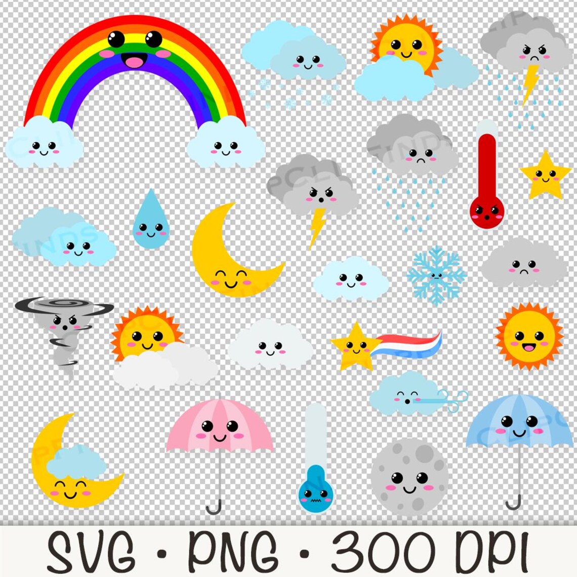 Kawaii Weather Clipart, Weather PNG, Weather SVG, Forecast, Rain, Wind ...