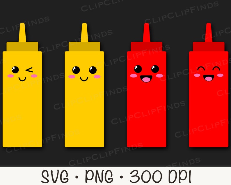 Kawaii Ketchup and Mustard, Cute Face Ketchup and Mustard, SVG, PNG ...