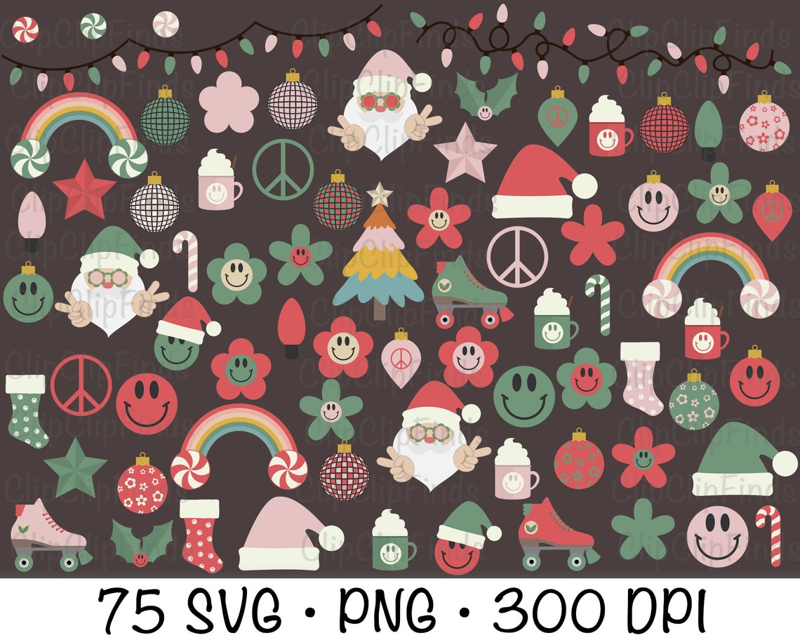 Groovy Christmas Clipart Hippie Santa Peace Sign Retro - Etsy