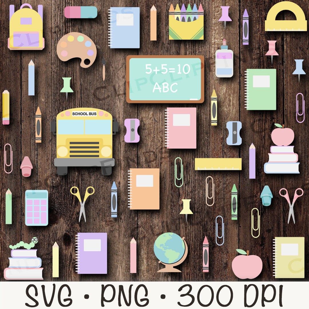 Pastel School Clipart, School Supplies SVG, Cute School Graphics PNG ...