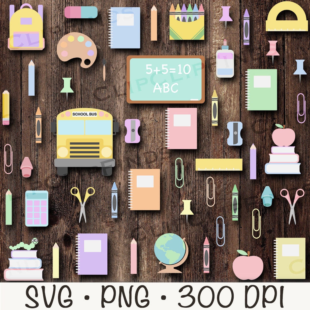 Pastel School Clipart, School Supplies SVG, Cute School Graphics PNG ...