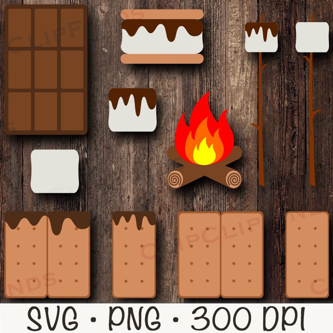 S'mores Clipart Bundle: Marshmallow, Graham Crackers, Campfire (SVG ...