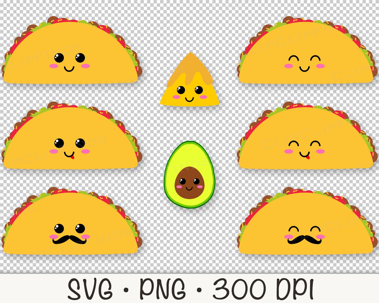 Kawaii Cute Tacos Nacho With Cheese and Avocado Tacos SVG - Etsy