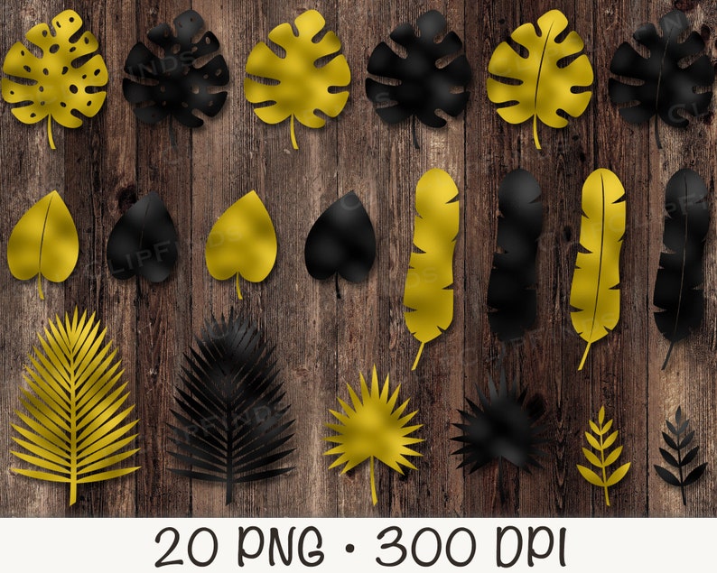 Tropical Leaves Clipart, Bright Gold and Black Gold Metallic Tropical ...
