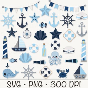 Blue Nautical Clipart Pack, Ocean Clipart SVG, Nautical PNG, Lighthouse ...