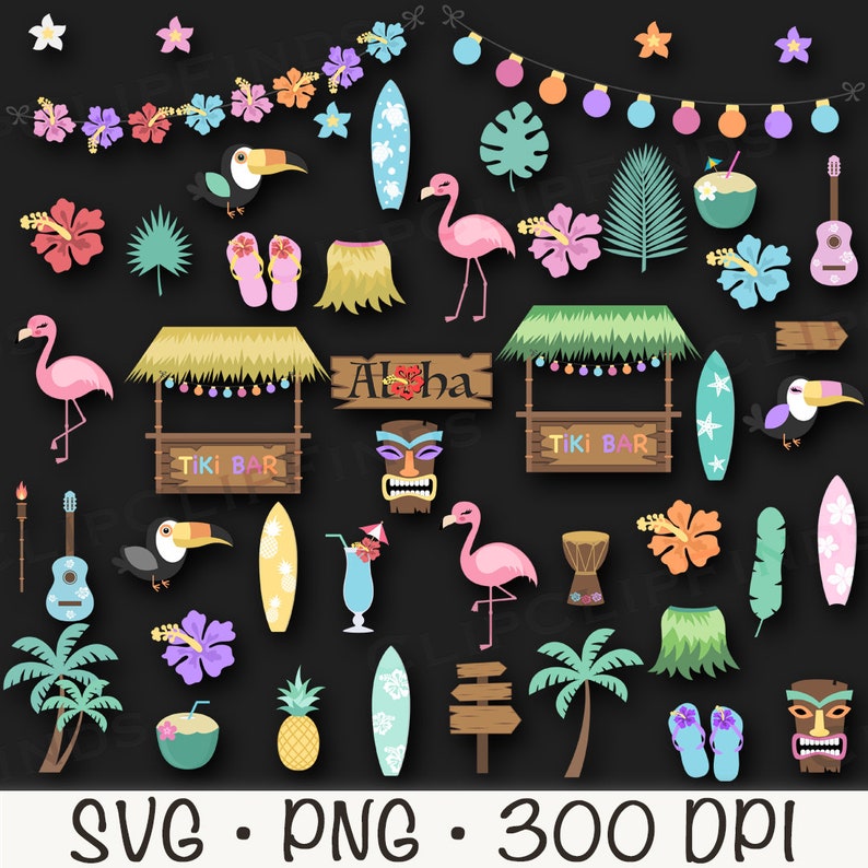 Hawaiian Clipart Bundle Pack, Luau Party SVG, Tiki Bar, Toucan ...