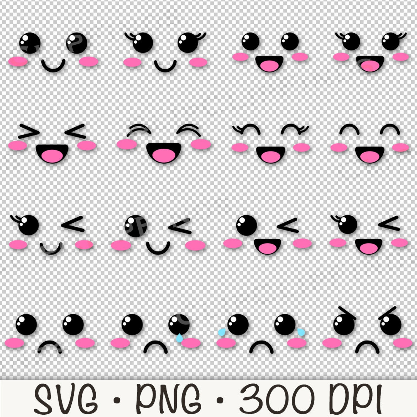 Kawaii Faces SVG, Cute Faces SVG, Cute Kawaii Faces Clipart, Kawaii PNG ...