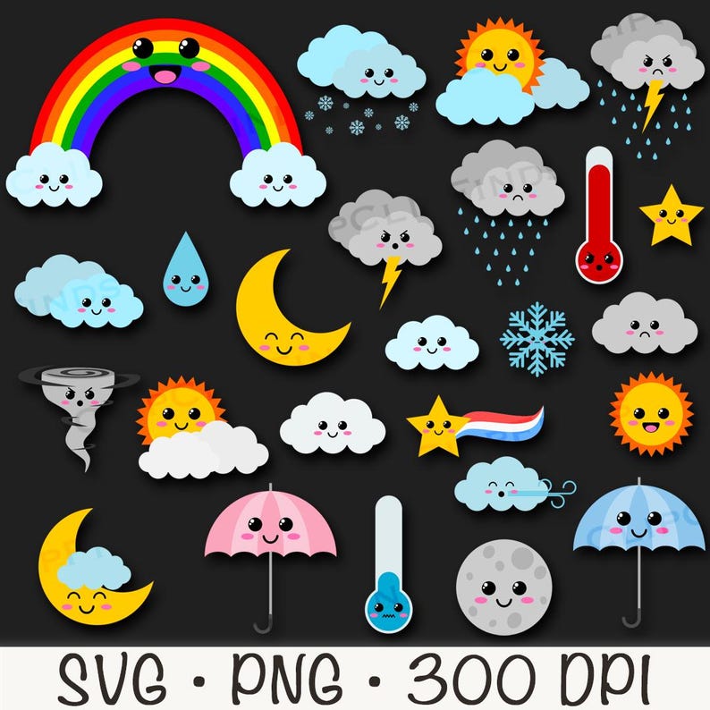 Kawaii Weather Clipart, Weather PNG, Weather SVG, Forecast, Rain, Wind ...